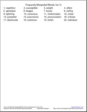 Frequently Misspelled Words (list 14) Spelling Set I abcteach.com
