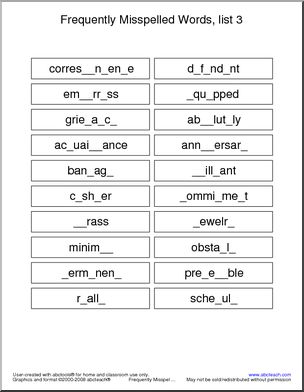 Frequently Misspelled Words (list 3) Spelling Set I abcteach.com