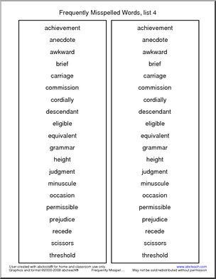 Frequently Misspelled Words (list 4) Spelling Set I abcteach.com