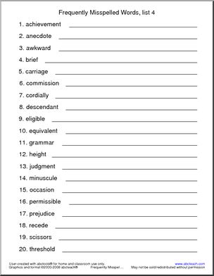 Frequently Misspelled Words (list 4) Spelling Set I abcteach.com