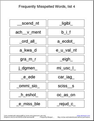Frequently Misspelled Words (list 4) Spelling Set I abcteach.com