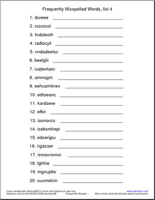 Frequently Misspelled Words (list 4) Spelling Set I abcteach.com