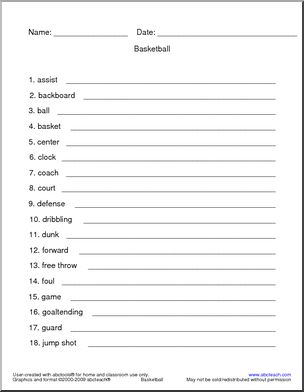 Basketball Vocabulary Spelling List I abcteach.com