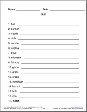 Golf Vocabulary Spelling List – Abcteach