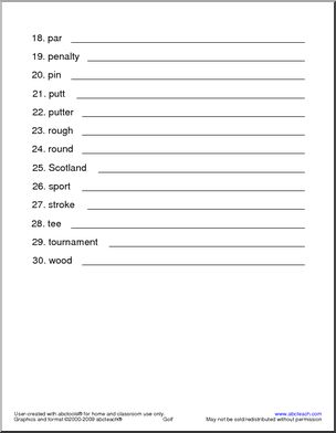 Golf Vocabulary Spelling List – Abcteach
