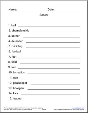 Soccer Vocabulary Spelling List I abcteach.com