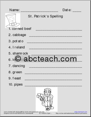 Spelling: St. Patrick's Day Theme (elem) | Abcteach