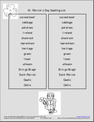 Spelling: St. Patrick’s Day Theme (upper elem/middle) – Abcteach