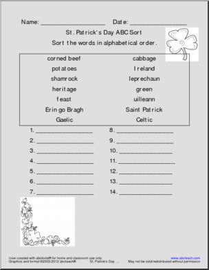 Spelling: St. Patrick’s Day Theme (upper elem/middle) – Abcteach