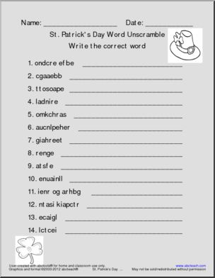 Spelling: St. Patrick’s Day Theme (upper elem/middle) – Abcteach