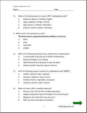 Language Arts (Level 4) Testing Practice I abcteach.com