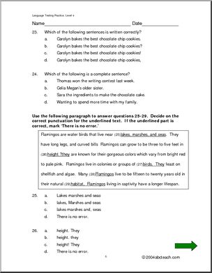 Language Arts (Level 4) Testing Practice I abcteach.com