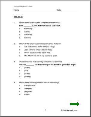 Language Arts (Level 4) Testing Practice I abcteach.com