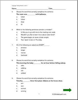 Language Arts (Level 4) Testing Practice I abcteach.com