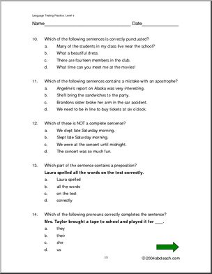 Language Arts (Level 4) Testing Practice I abcteach.com