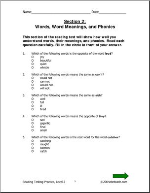 Reading (Level 2) Testing Practice I abcteach.com