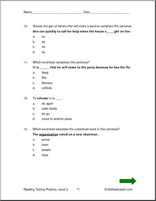Reading (Level 3) Testing Practice – Abcteach