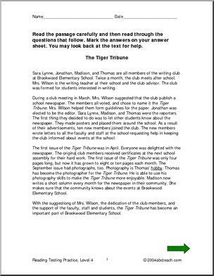 Reading (Level 4) Testing Practice – Abcteach