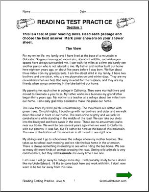 Reading Comprehension (Level 5) Testing Practice I abcteach.com