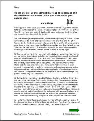Reading Comprehension (Level 5) Testing Practice I abcteach.com