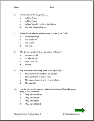 Reading Comprehension (Level 5) Testing Practice I abcteach.com