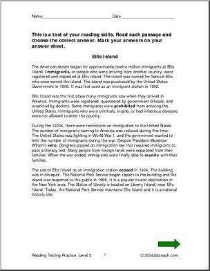 Reading Comprehension (Level 5) Testing Practice I abcteach.com