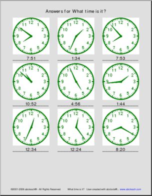 Telling Time - analog clocks - 1 min. (medium) Clip Art