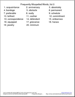 Frequently Misspelled Words (list 3) Unscramble the Words – Abcteach