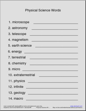 Vocabulary: Physical Science Activity Set (elem/upper elem) | Abcteach