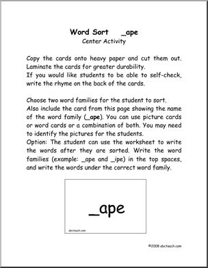 -ape words’ Word Sort Center – Abcteach