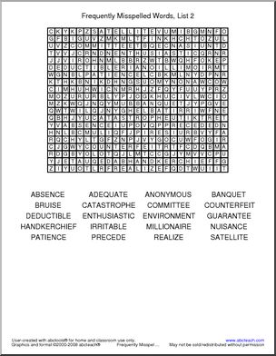 Frequently Misspelled Words (list 2) Word Search I abcteach.com