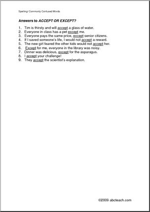 Spelling - Accept or Except? Worksheet I abcteach.com